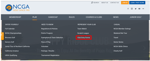 How Do I Find the Club Entry Forms Page on the NCGA Website?
